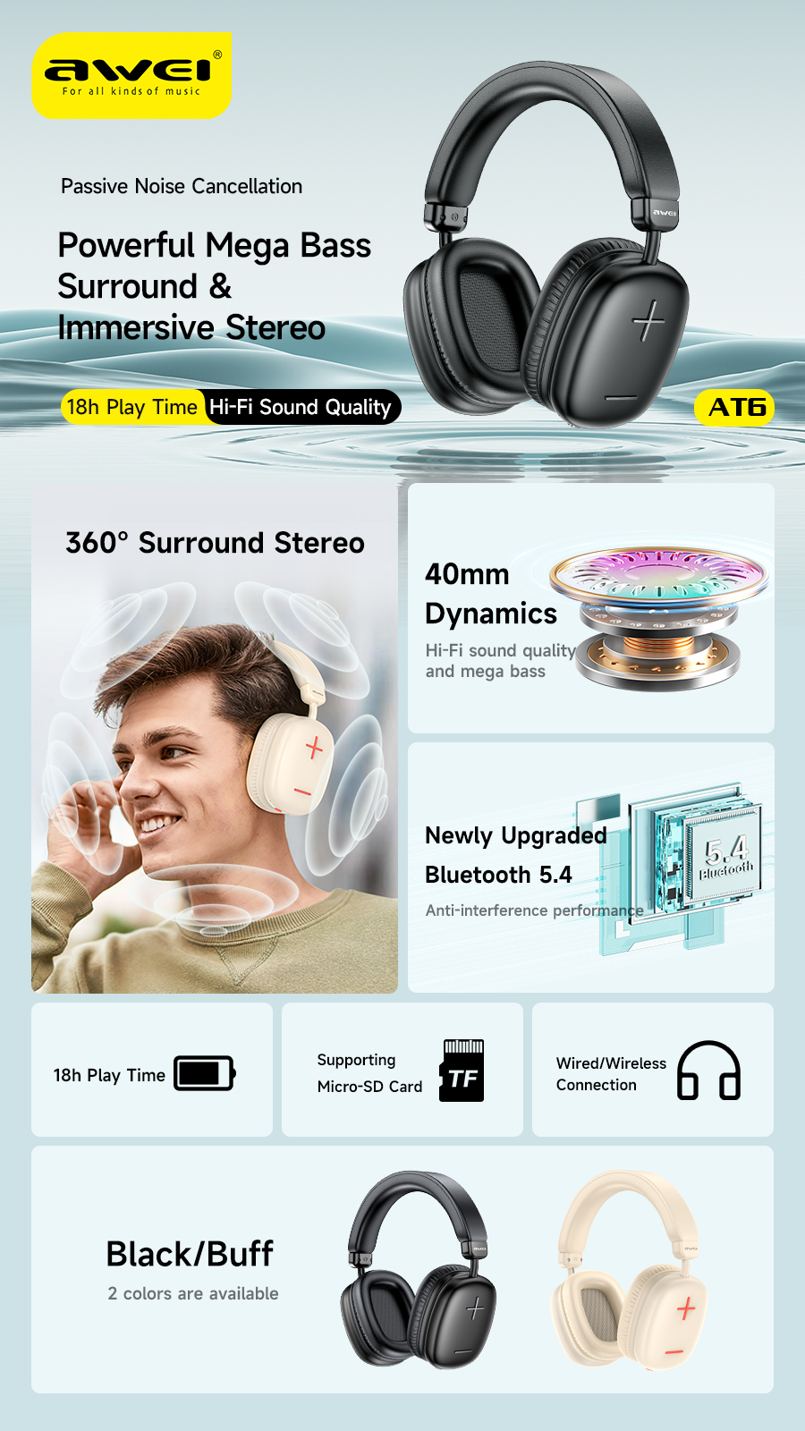 Awei AT6 True Wireless Headphone Bluetooth 5.4 Earphones Foldable ...