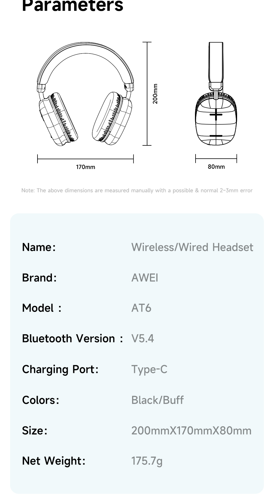 Awei AT6 True Wireless Headphone Bluetooth 5.4 Earphones Foldable ...
