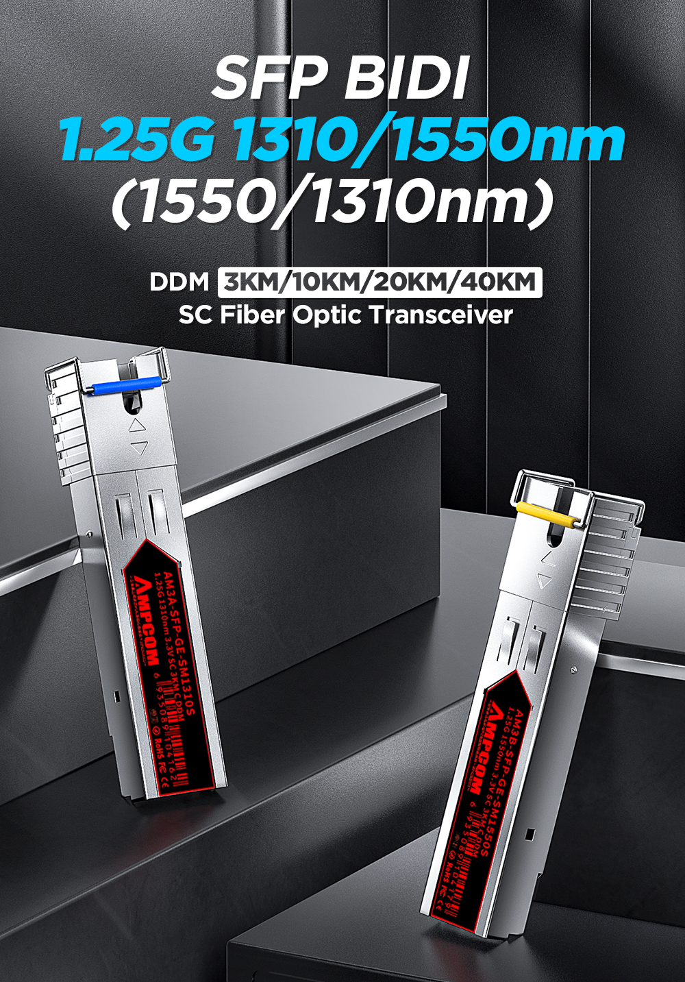 AMPCOM SC SFP BIDI WDM 1.25G 1310/1550nm 1000Base-BX Fiber Optic ...