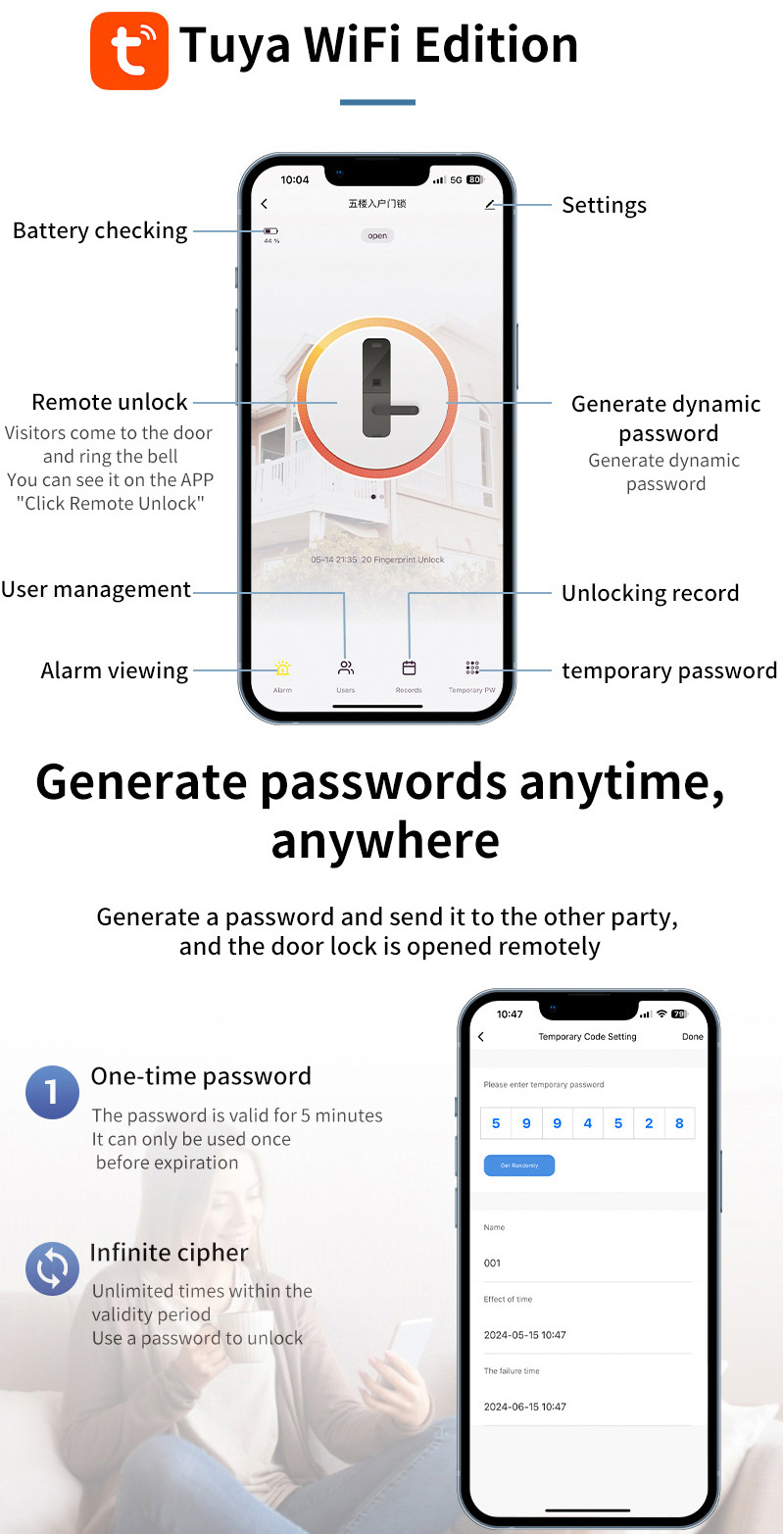 XSDTS Tuya WiFi Smart Door Lock Grille Swing door Double Side Fingerprint Digital Aluminium Lock ...