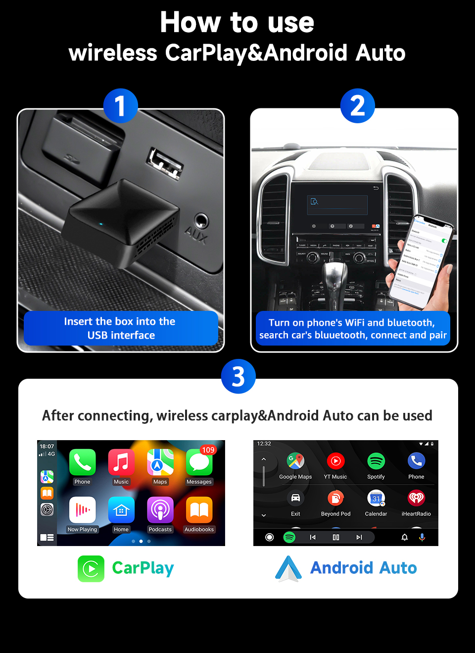 2024 Mini Apple CarPlay Wireless Adapter Car Play Dongle Bluetooth WiFi ...