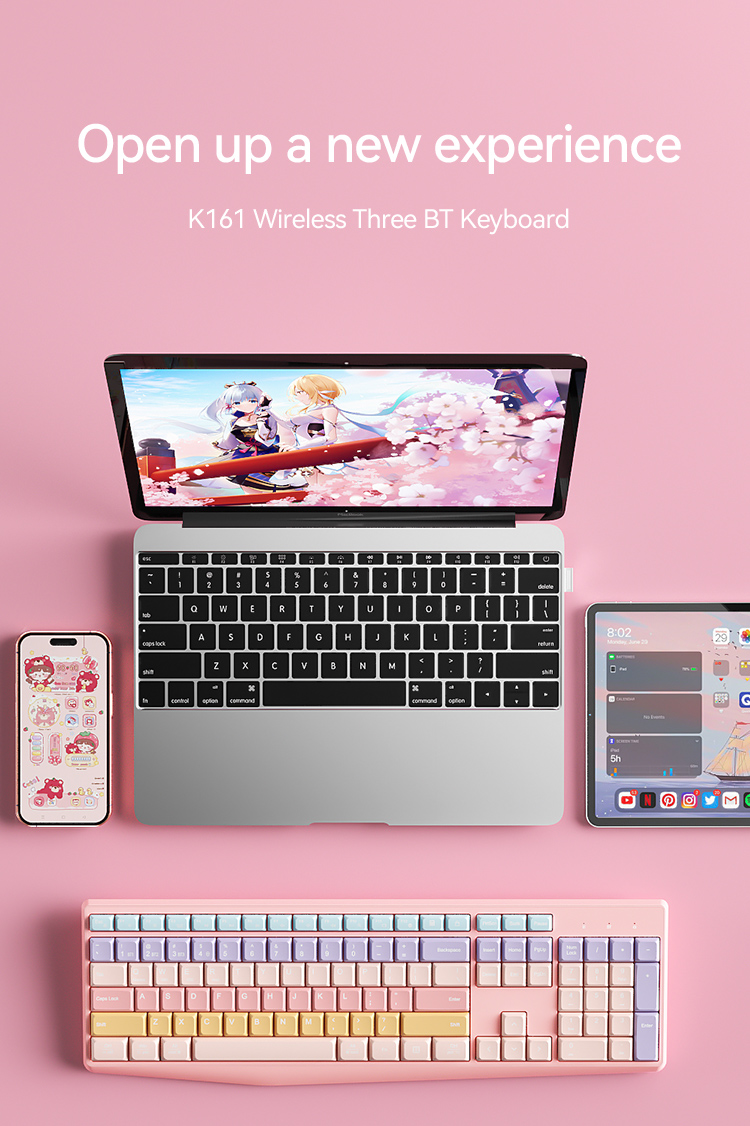 BOW K161D Colorful Wireless Keyboard BT Silent Keys Gradient Cute Pink ...