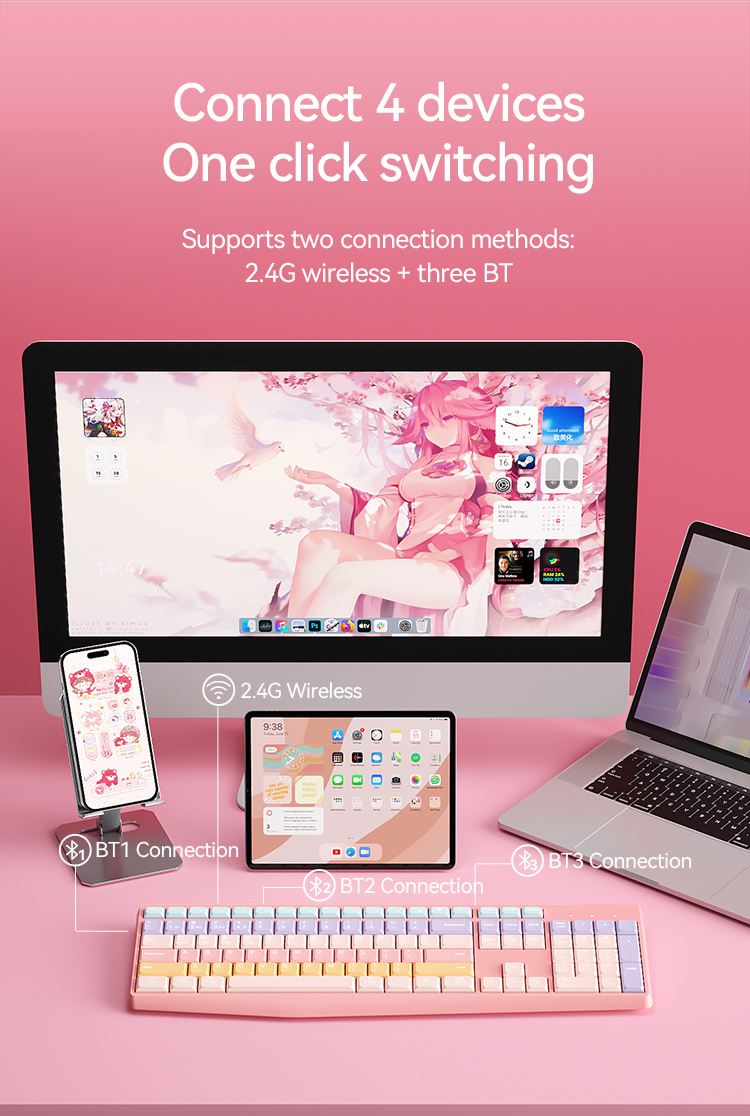 BOW K161D Colorful Wireless Keyboard BT Silent Keys Gradient Cute Pink ...