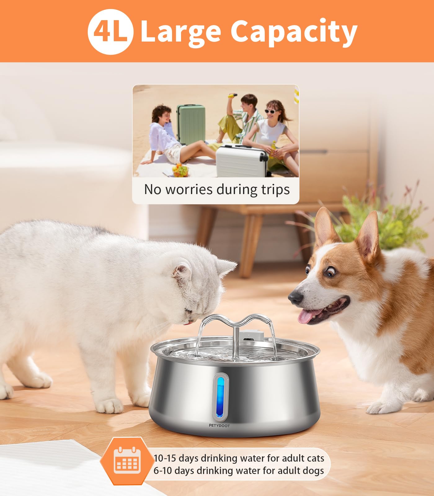 Cat Water Fountain Stainless Steel:135oz/4L Large Capacity Cat Fountain ...