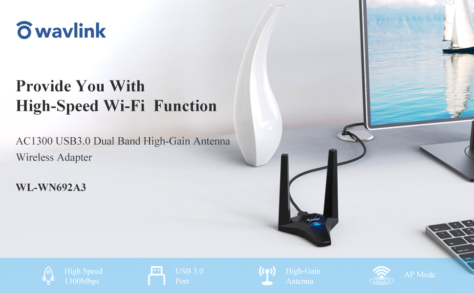 WAVLINK AC1300 USB WiFi Wireless Adapter 1300Mbps Dual Band 2.4GHz ...