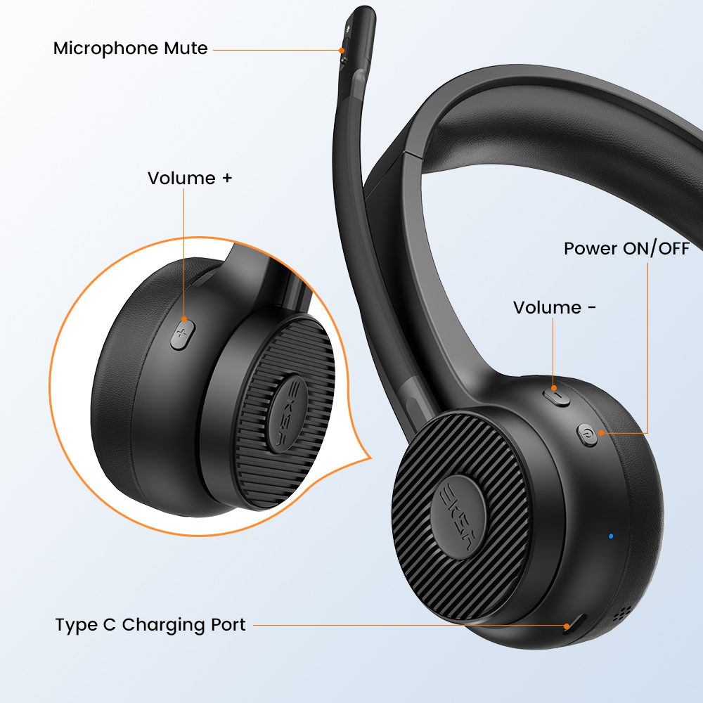 EKSA - H16 Bluetooth 5.2 Headsets, PC Wireless Headphones, AI ENC Mic ...
