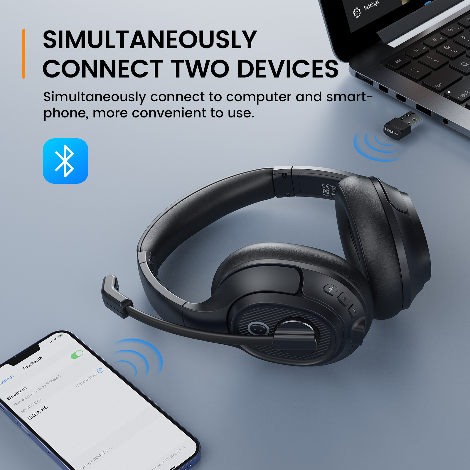 EKSA H6 Wireless Headphones Bluetooth Office Headset with USB Dongle ...