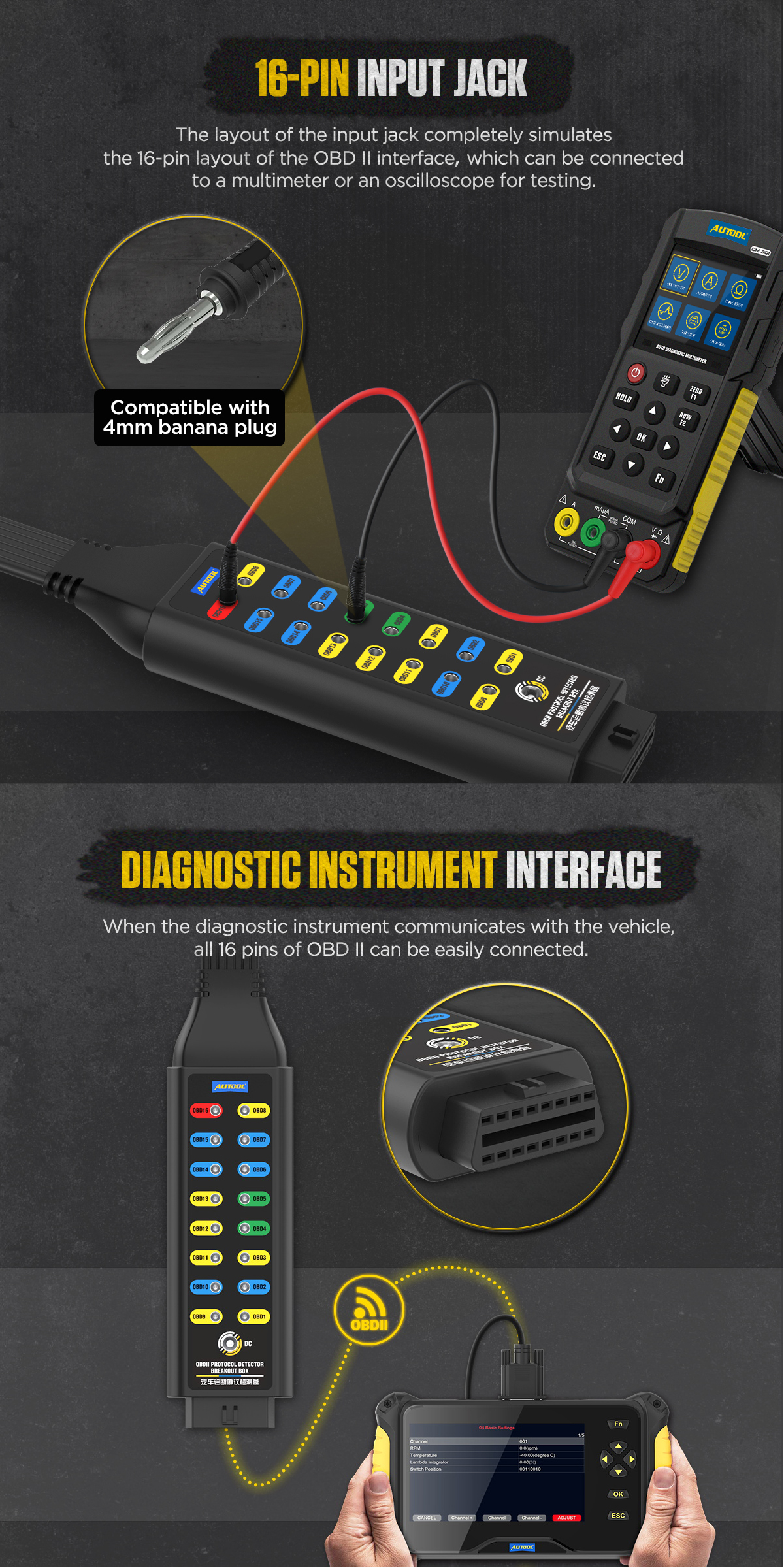 AUTOOL New Auto Break Out Box OBD II protocol detector and junction box car OBD interface ...