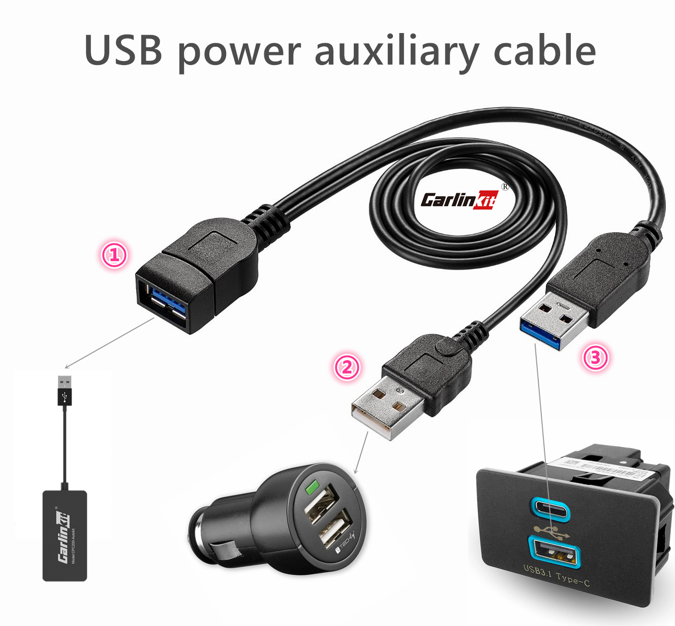 Carlinkit USB power auxiliary cable extension Male To Female Two-in-one ...