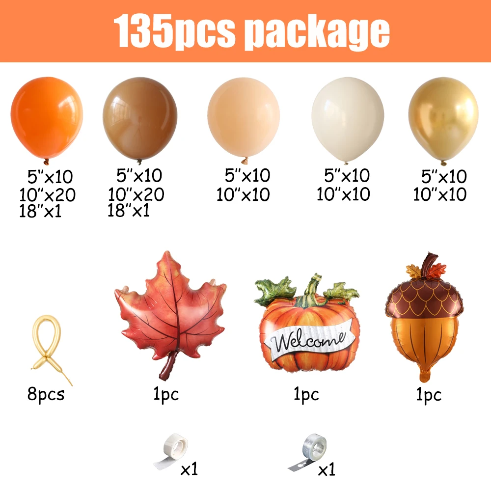 135pcs Pumpkin Maple Leaf Pine Cone Autumn Balloon Garland Orange ...