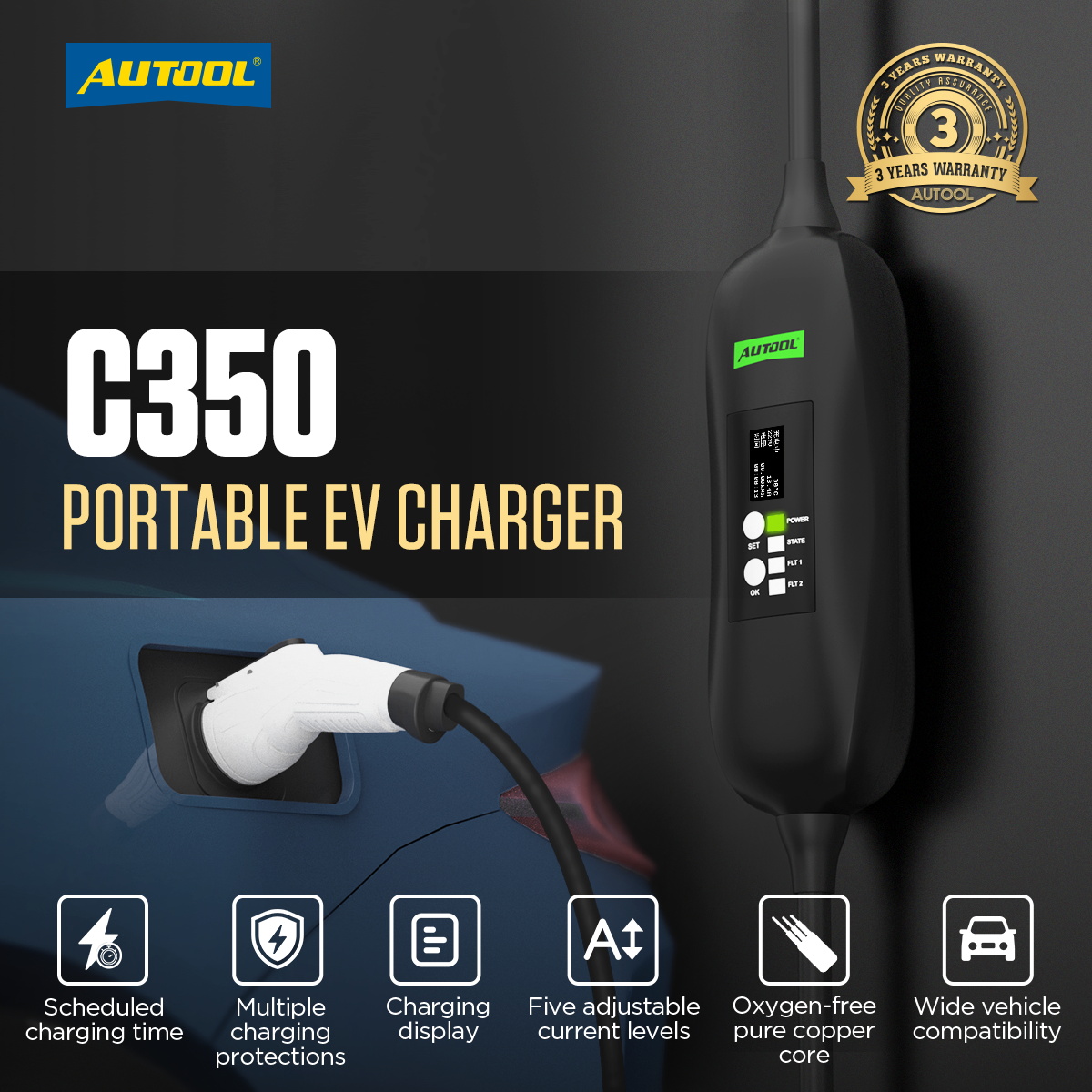 AUTOOL C350 Portable EV Charger Level 2 Fast Charging 16A Electric Car ...