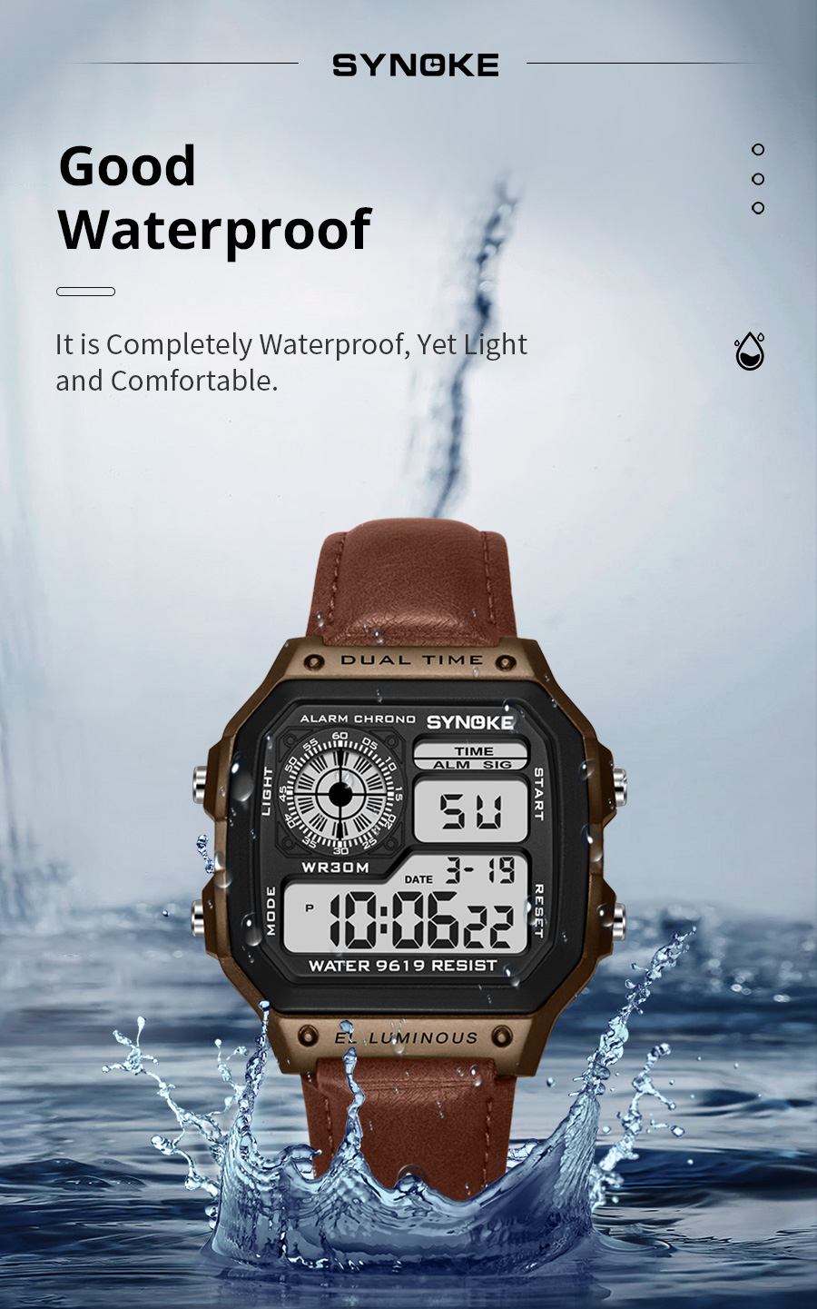 SYNOKE Original Men's Watch Leather Band Digital Watch Waterproof ...