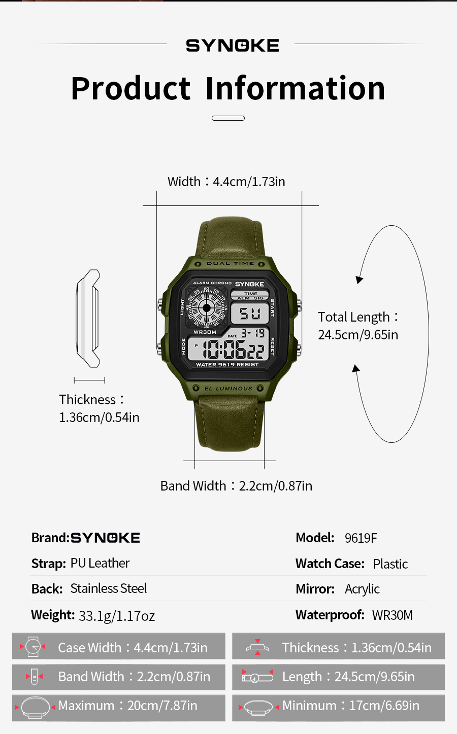 SYNOKE Original Men's Watch Leather Band Digital Watch Waterproof ...