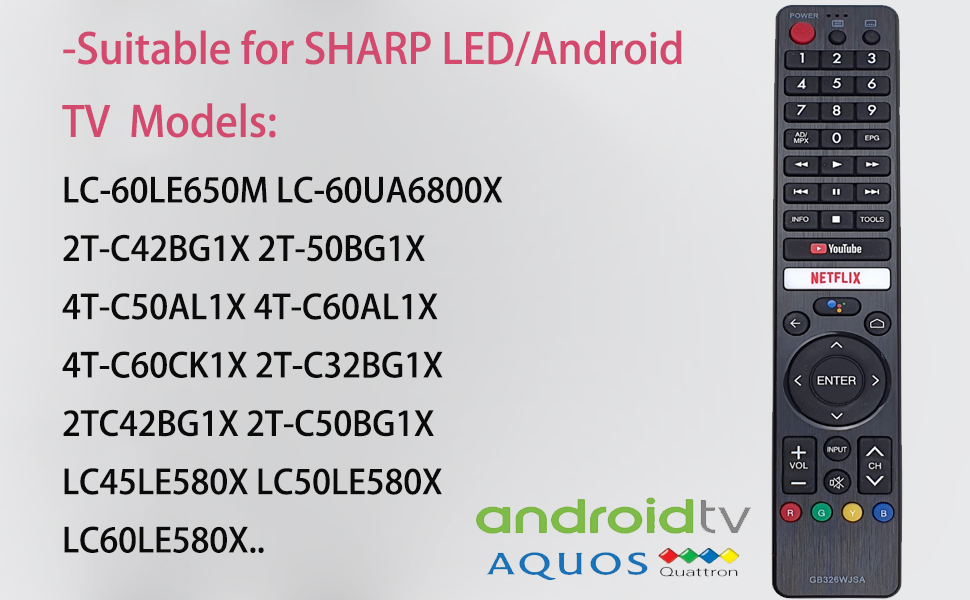 Replacement Remote Control for Sharp Youtube Netflix LED/Android Smart ...