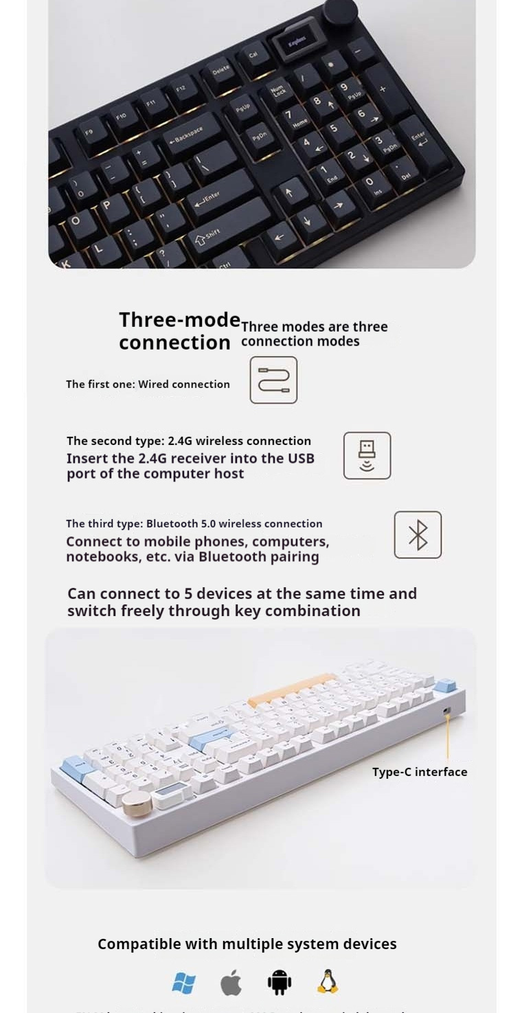 Keydous NJ98 3-mode 2.4G Bluetooth wireless Hot swap custom 98-key ...