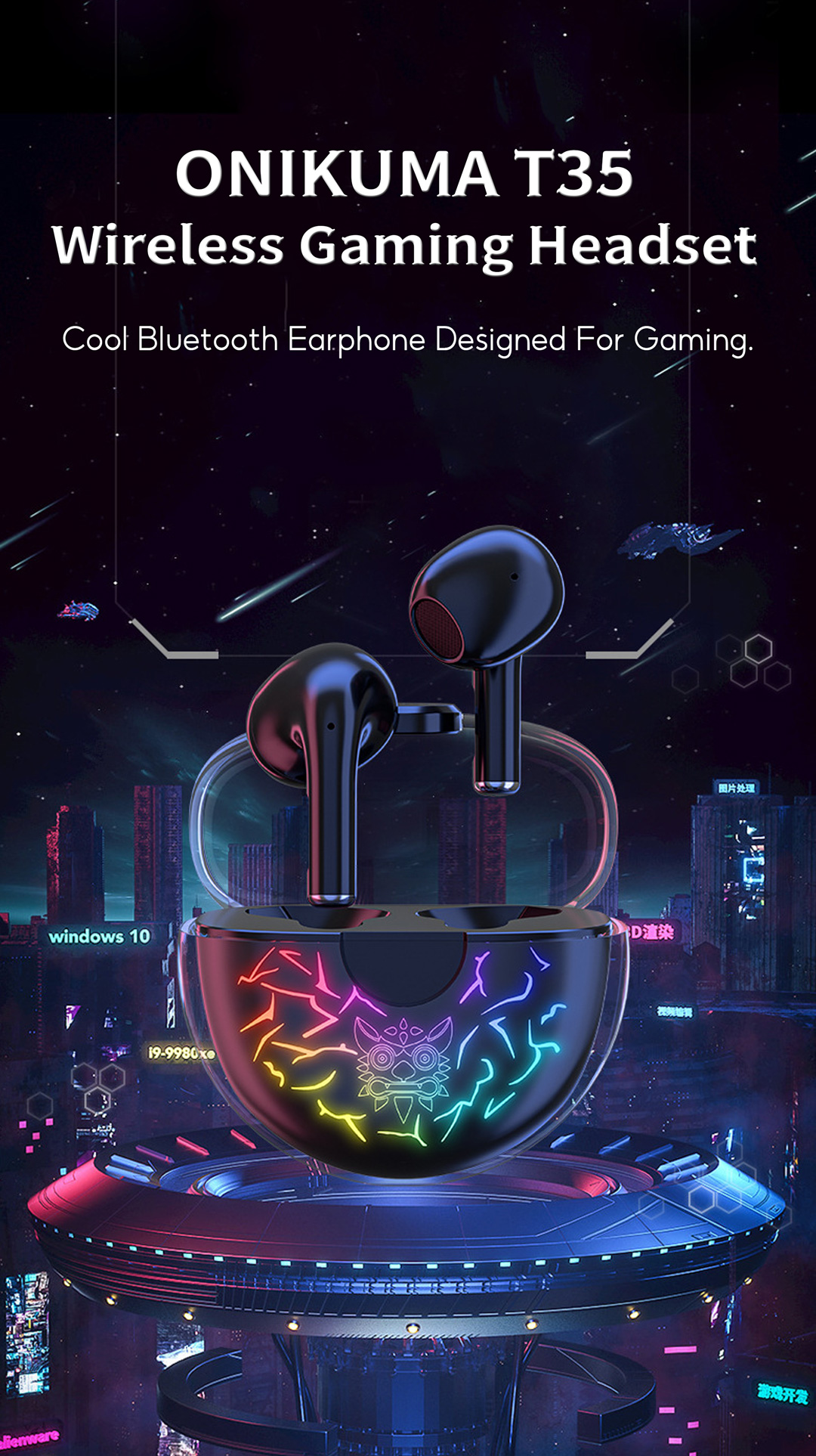 ONIKUMA T35 Latency Active Noise Reduction Bluetooth 5.1 Gaming Earbuds ...