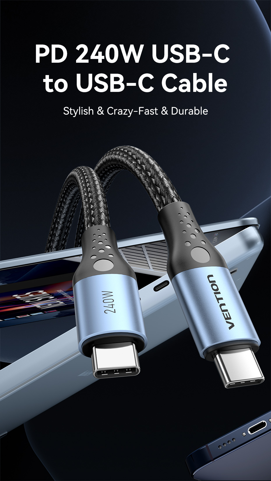 Vention Type C Cable PD 240W Cable Cotton Braided USB2.0 480Mbps Fast ...