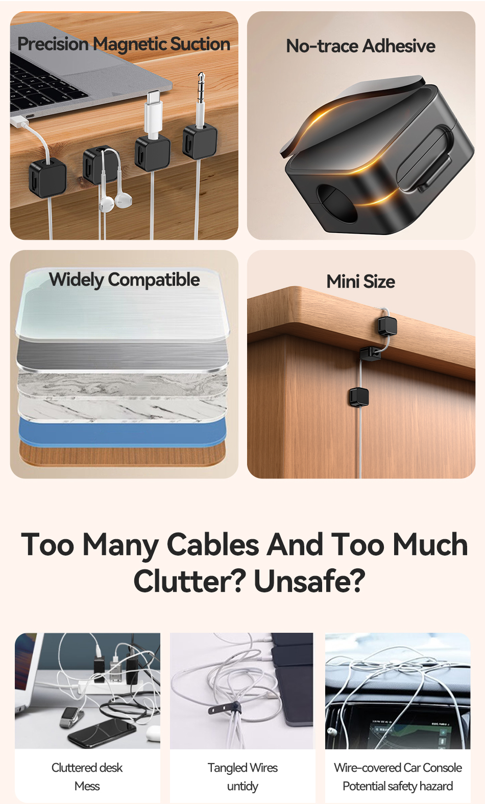 Rocoren Square Magnetic Cable Clips Desk Cable Management Adhesive Wire ...