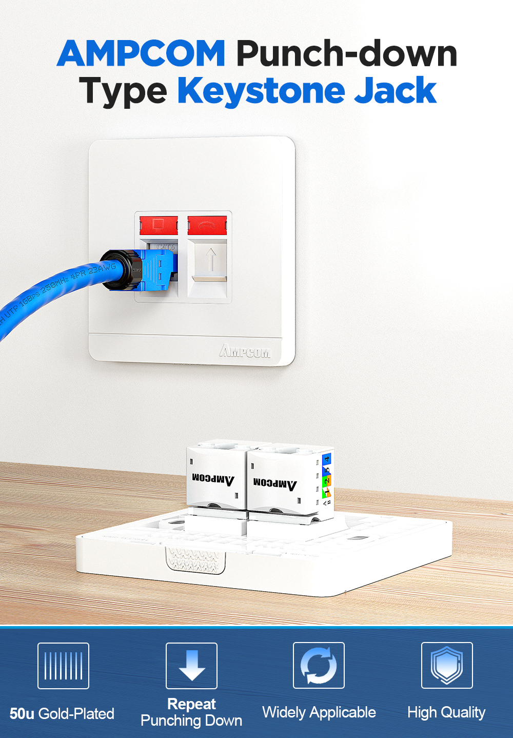 AMPCOM CAT6 Punch Down keystone Jack RJ45 Modular Coupler Module Wall ...