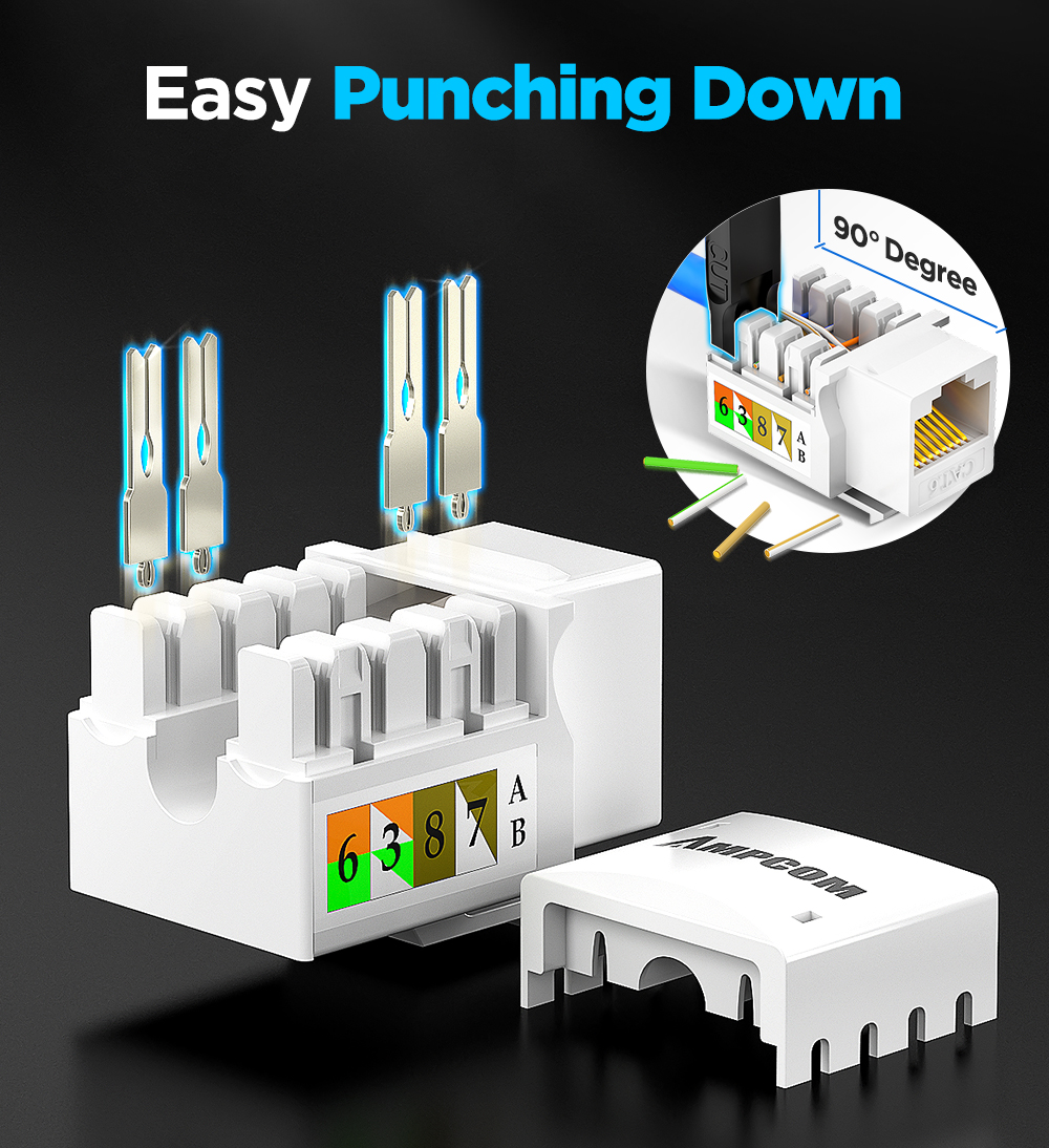 AMPCOM CAT6 Punch Down keystone Jack RJ45 Modular Coupler Module Wall ...