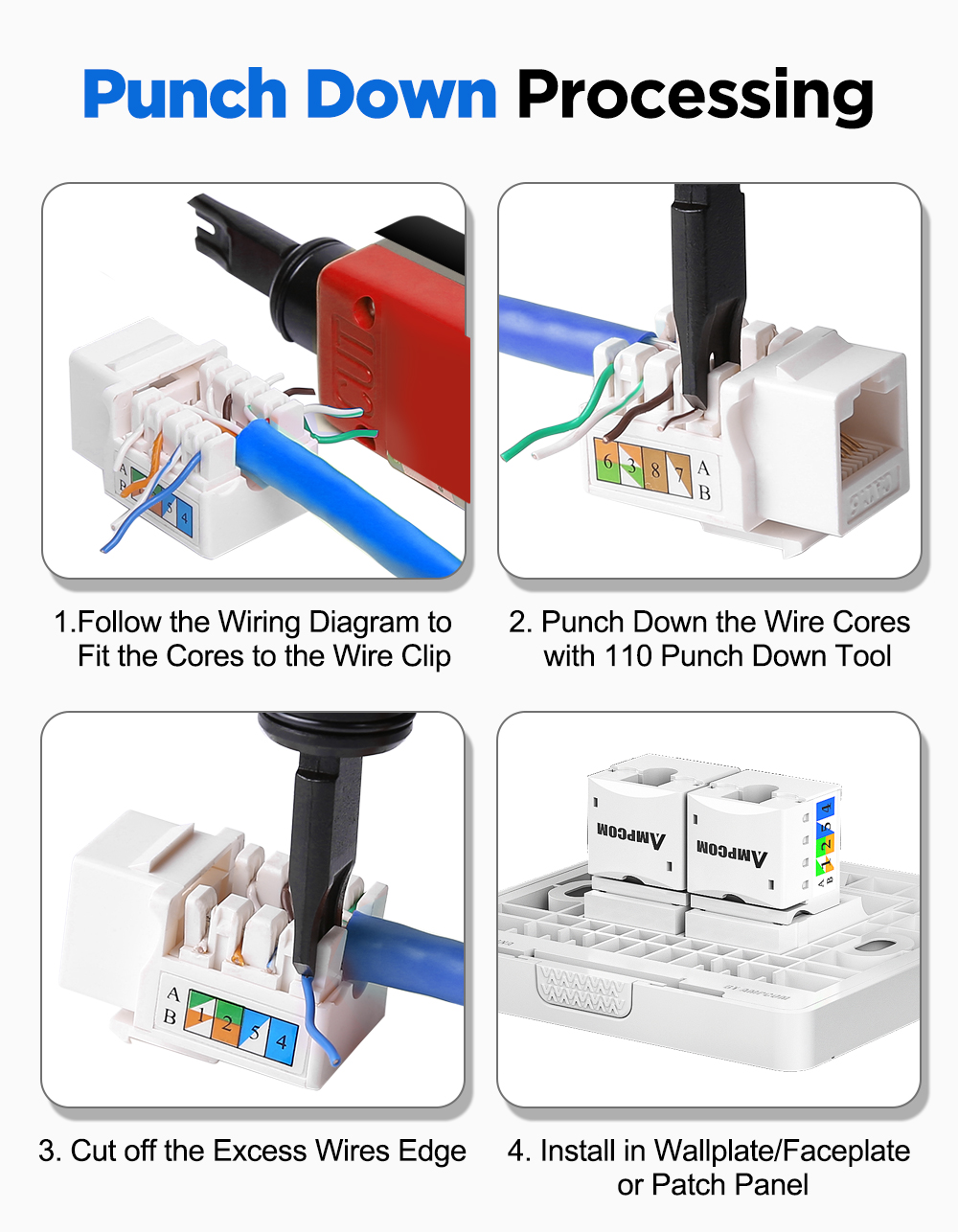 AMPCOM CAT6 Punch Down keystone Jack RJ45 Modular Coupler Module Wall ...