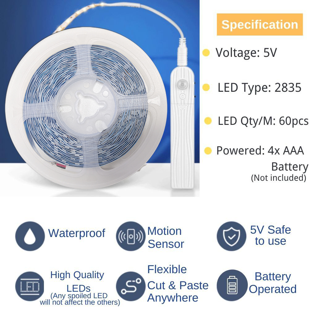 PIR Motion Sensor Switch LED Strip Light USB Rechargeable Wireless ...