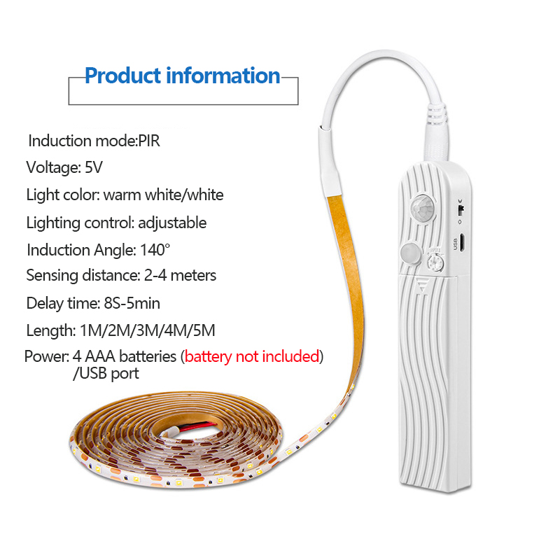 PIR Motion Sensor Switch LED Strip Light USB Rechargeable Wireless ...