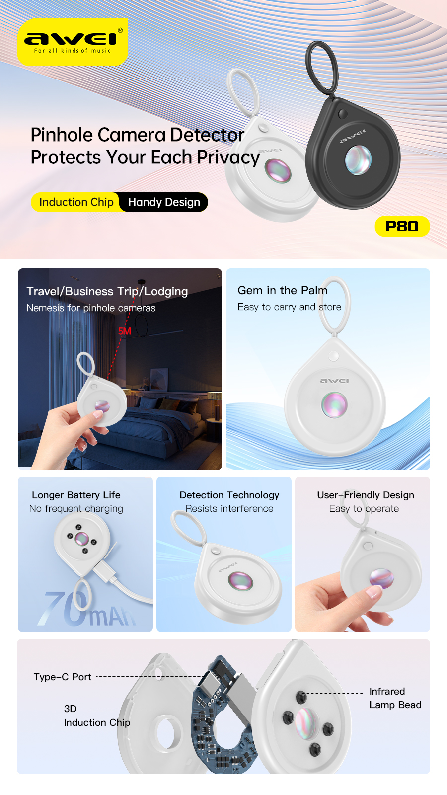 Awei Camera Detector Mini Portable Hidden Camera Detect Anti-Peeping ...