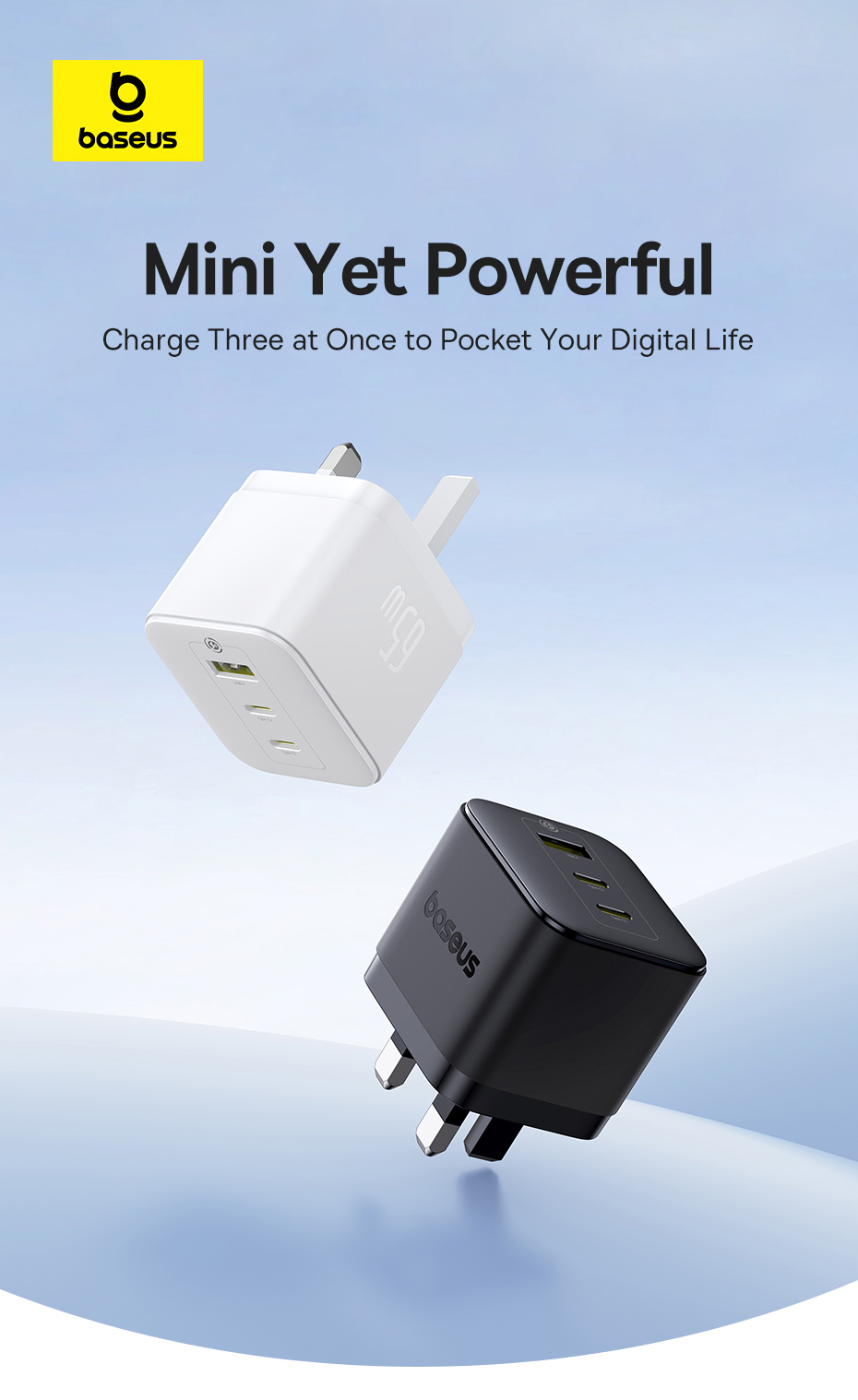 Baseus Palm Fast Charger 2C+U 65W UK PD Compact 3-Port Fast Charging ...