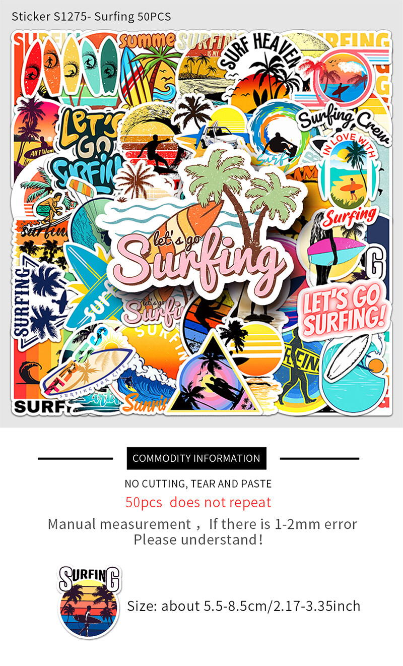 50PCS Summer Surfing Stickers Beach Surf Sticker Waterproof DIY ...