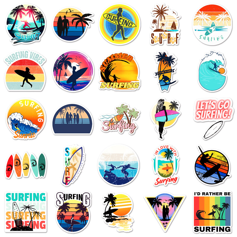50PCS Summer Surfing Stickers Beach Surf Sticker Waterproof DIY ...