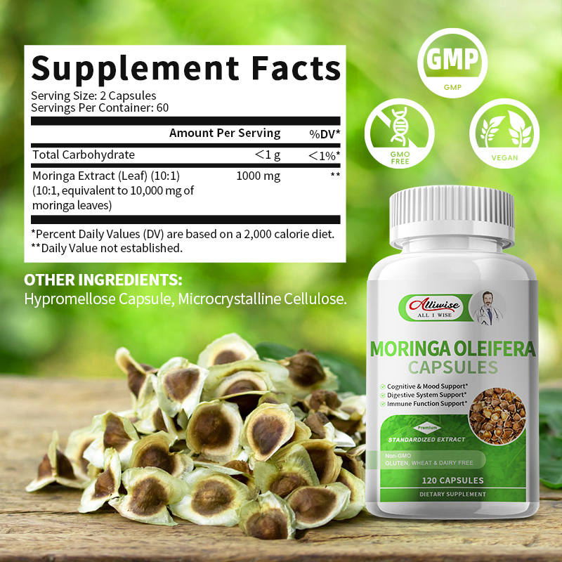 Alliwise Moringa Capsules 1000MG Pure Moringa Leaf Powder Supplement Moringa Leaf, Antioxidants ...