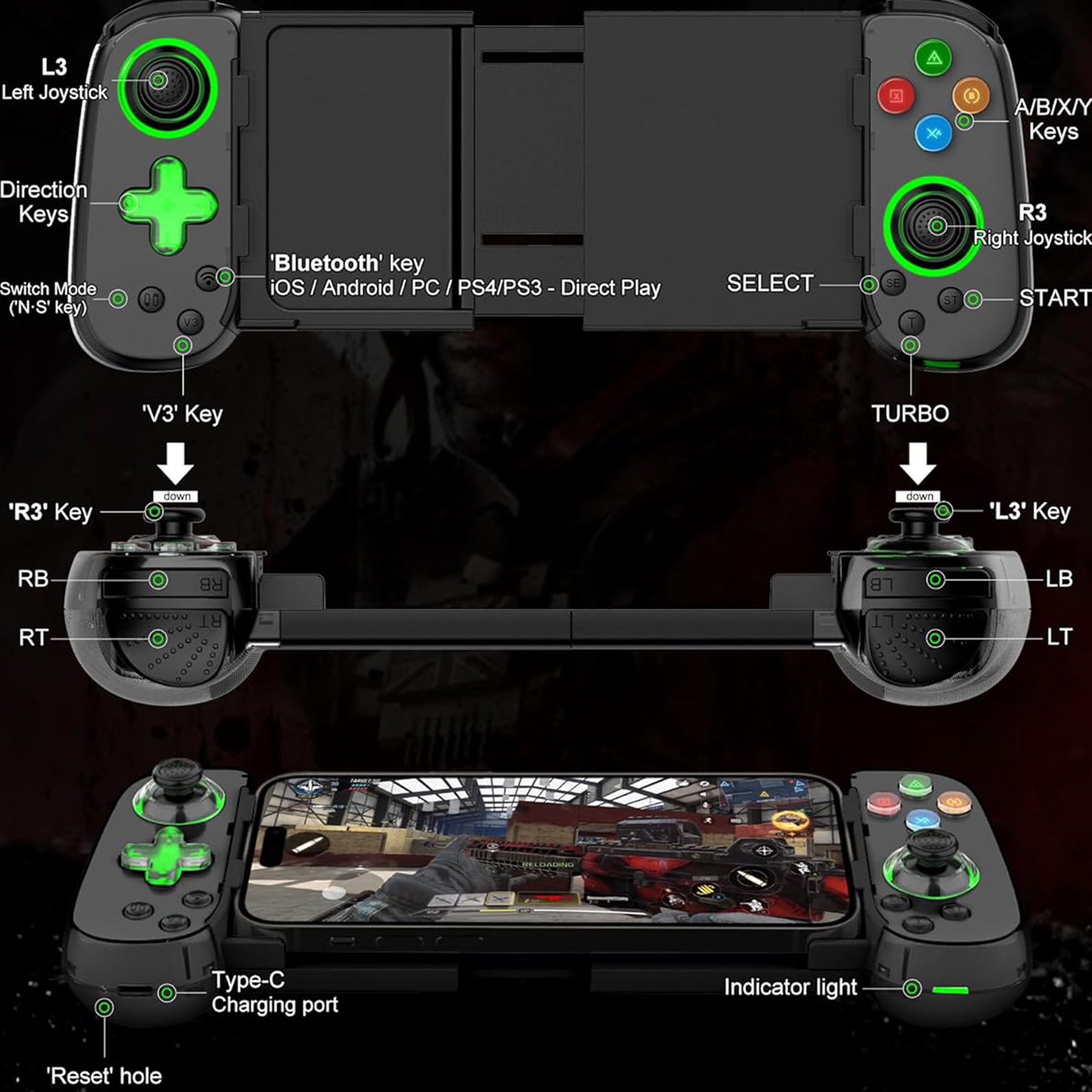 D7 mobile stretch game controller dual Hall somatosensory IOS wireless ...