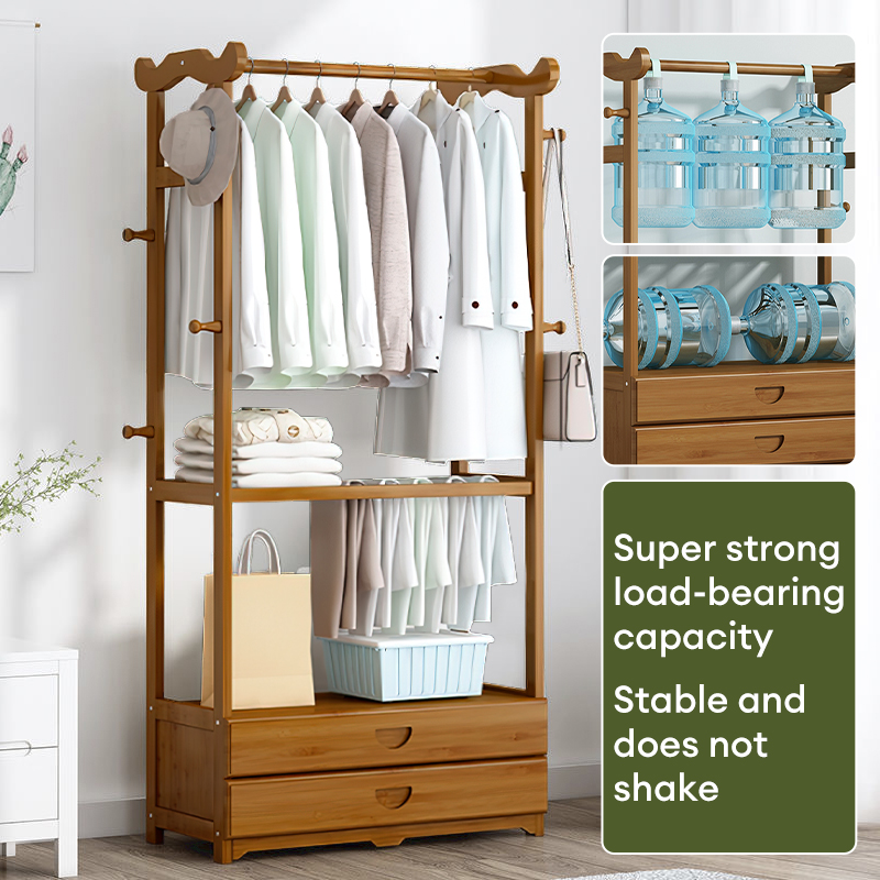 Bamboo Clothes Rack 2Drawers 42/70/90CM Rak Baju Kayu Open Wardrobe ...