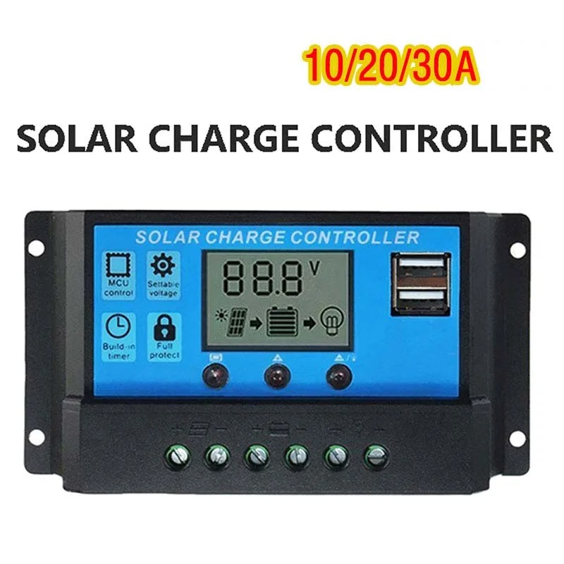 10/20/30A Solar Charge Controller With Daul USB Port 12V 24V PWM LCD Display Adjustable ...