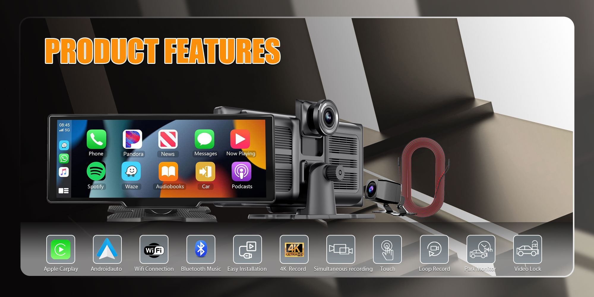 Asawin Carplay 4K Dash Cam WIFI Android Apple 10.26 In Front and Rear View Camera Voice Control ...