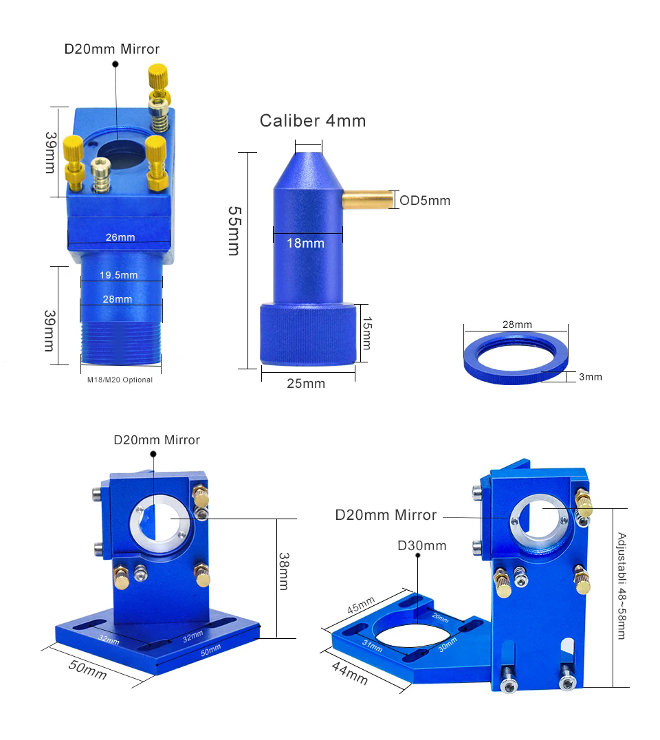 K40 Series Co2 Laser Head Set Lens Dia.12/18/20mm FL.50.8mm Mirrors ...