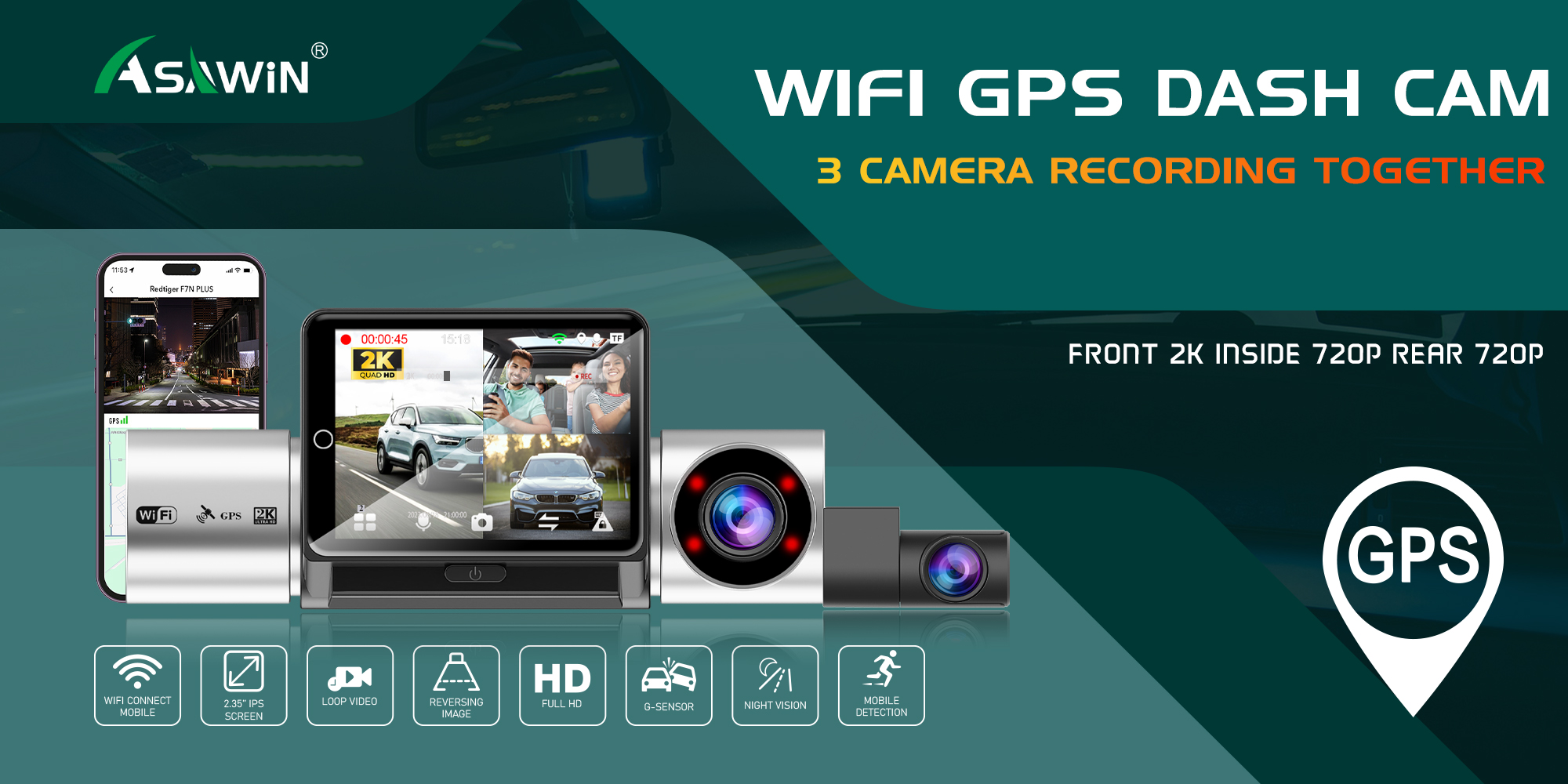 3 channels 2K Car Camera Wifi Gps ADAS dash cam Asawin 2.45" Touch Ips ...