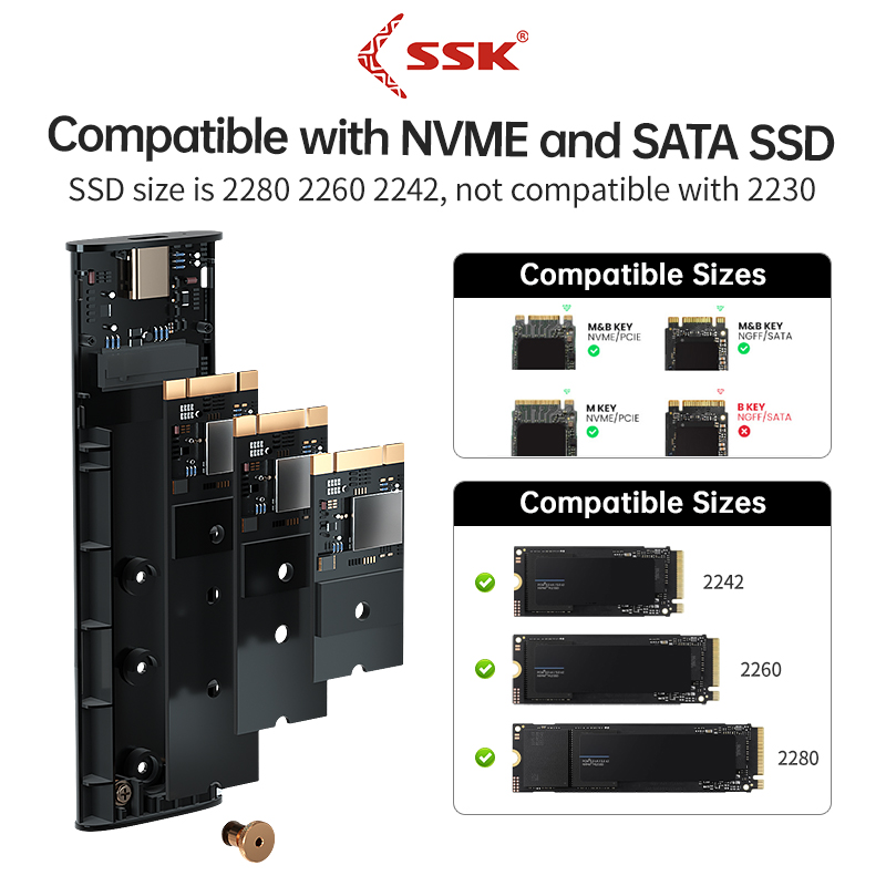 SSK M.2 SSD NVME SATA Enclosure Dual Protocol NVME SATA SSD Case 2242 2260 2280 SSD Enclosure ...