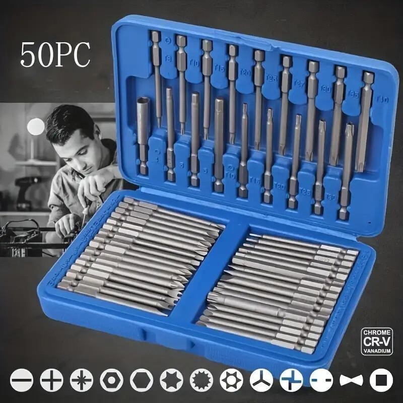 50pcs 75mm 1/4" Extension Security Screw Bits Set with Case, Hex, Star ...