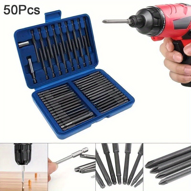 50pcs 75mm 1/4" Extension Security Screw Bits Set with Case, Hex, Star ...