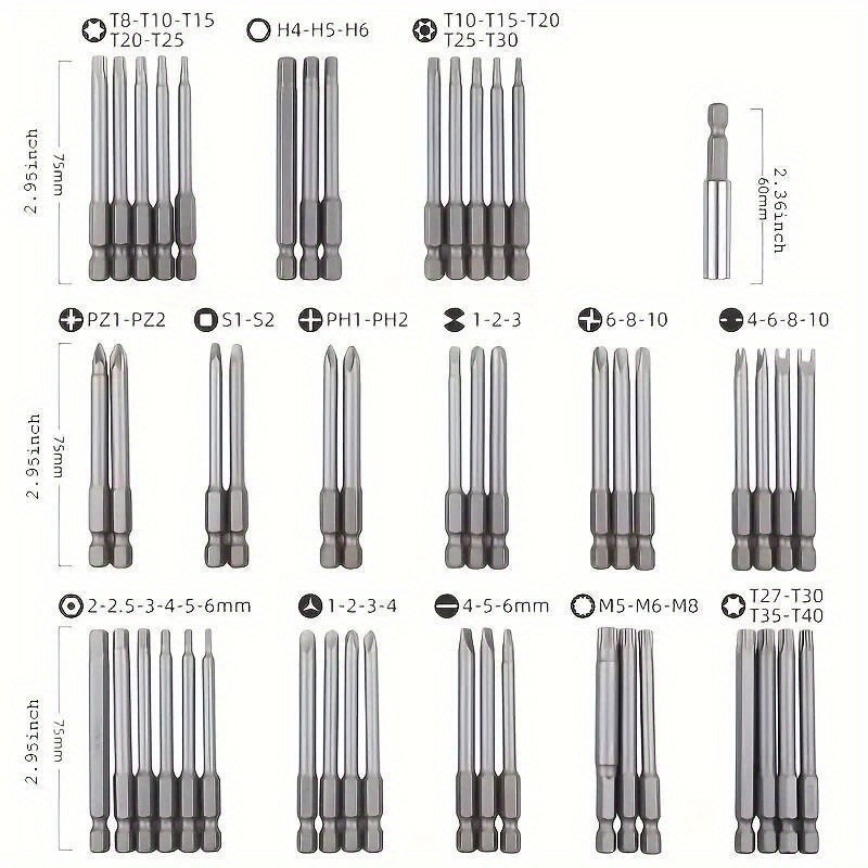 50pcs 75mm 1/4" Extension Security Screw Bits Set with Case, Hex, Star ...
