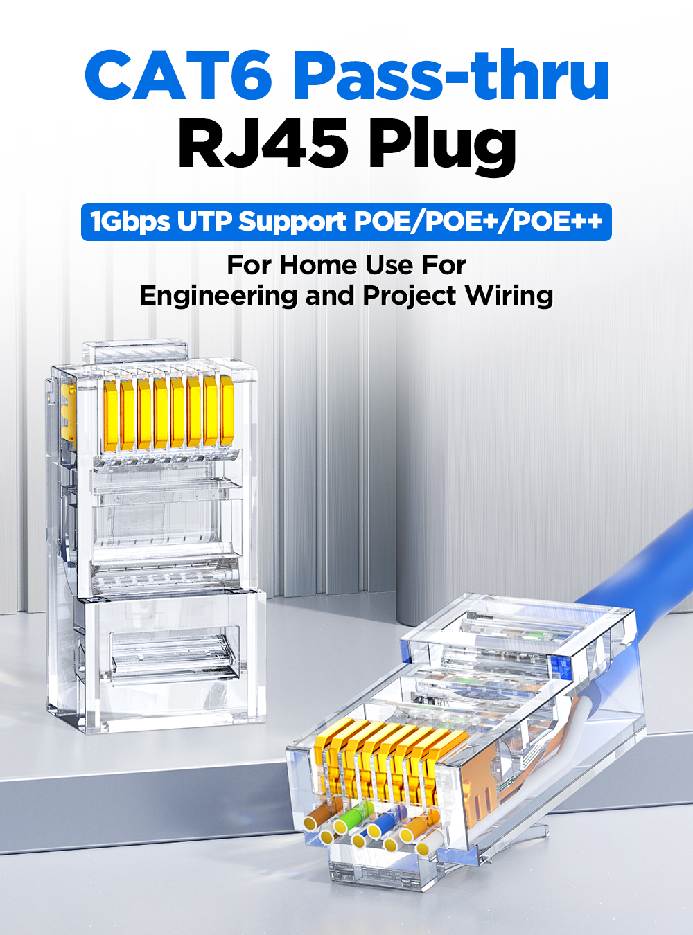 AMPCOM CAT6 RJ45 Connector Plug Pass-Through UTP Modular Plug 3μ Gold Plated 8P8C Crimp End for ...