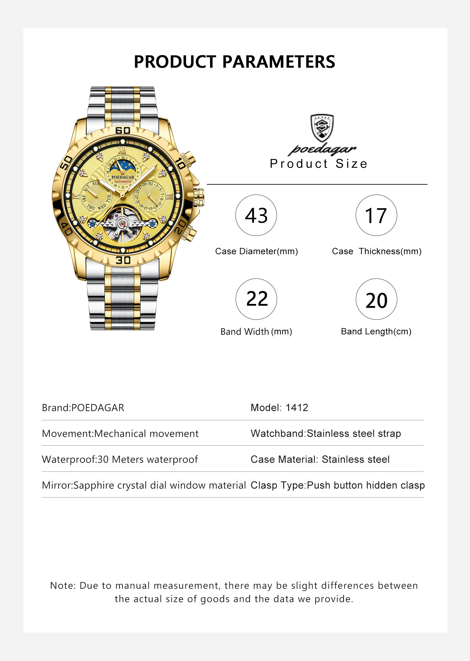 Poedagar Men's Mechanical Watch Original Luxury Waterproof Gold Watch ...