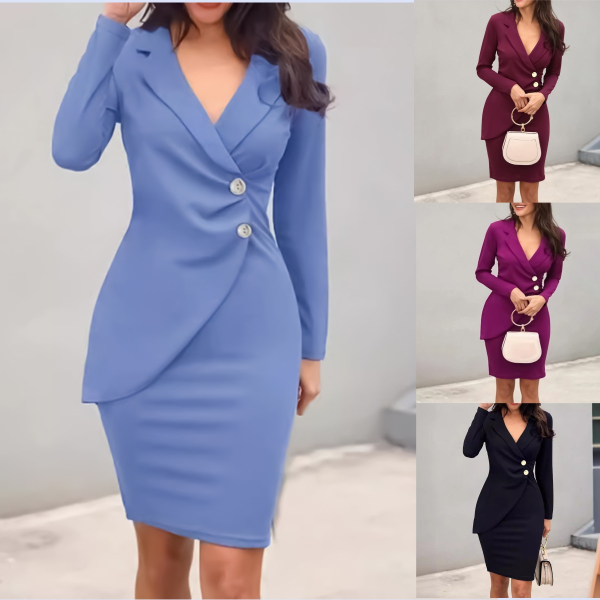 Women's Long Sleeve V Neck Work Dresses Office Business Knee Length ...
