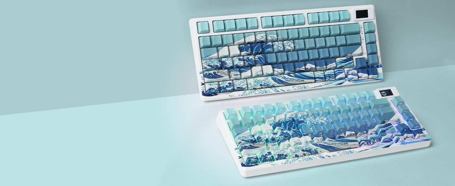 WOMIER Side Printed Keycaps 131 Keys Sea Wave Blue Dye-sub PBT Key Caps ...