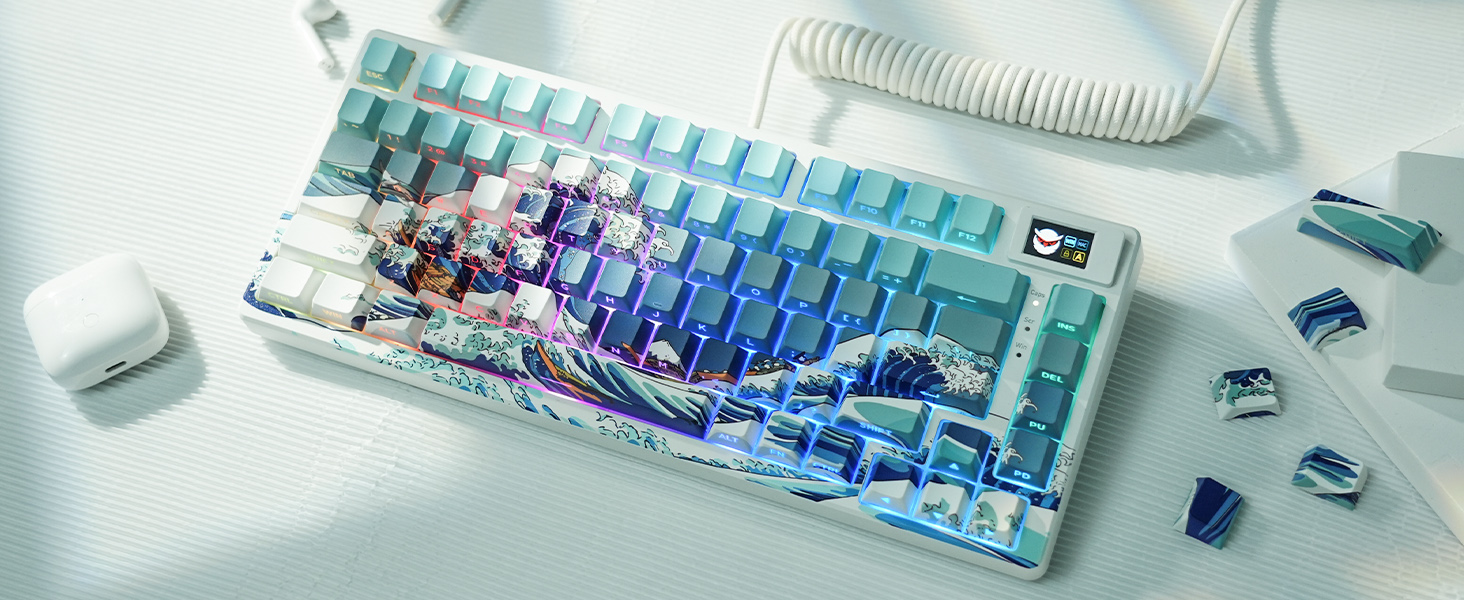 WOMIER Side Printed Keycaps 131 Keys Sea Wave Blue Dye-sub PBT Key Caps ...
