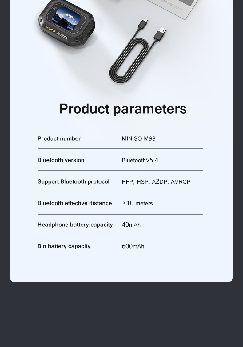 MINISO M98 Wireless Earphone Smart Touch Screen Earbuds Bluetooth 5.4 ...