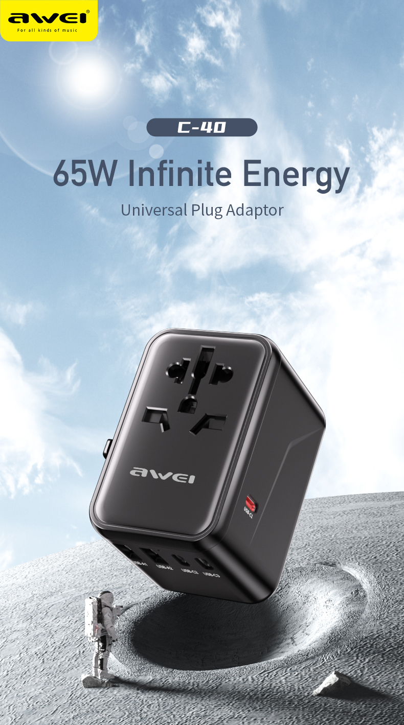 Awei C-40 65W GaN 3-Ports Universal Travel Adapter USB Fast Charger ...