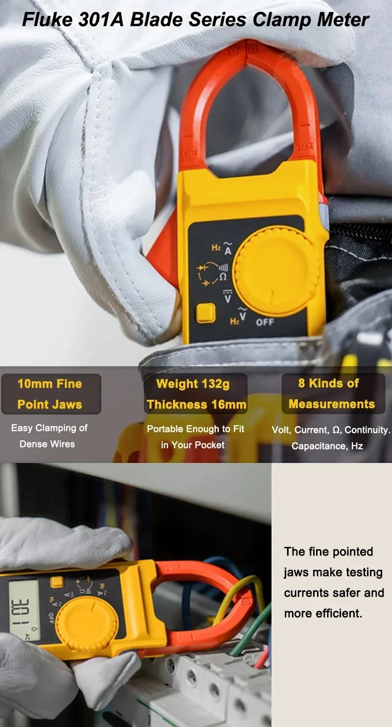 Fluke 301A/301B/301C Clamp Meter Measures AC/DC Voltage,AC/DC Current,Resistance,Continuity ...